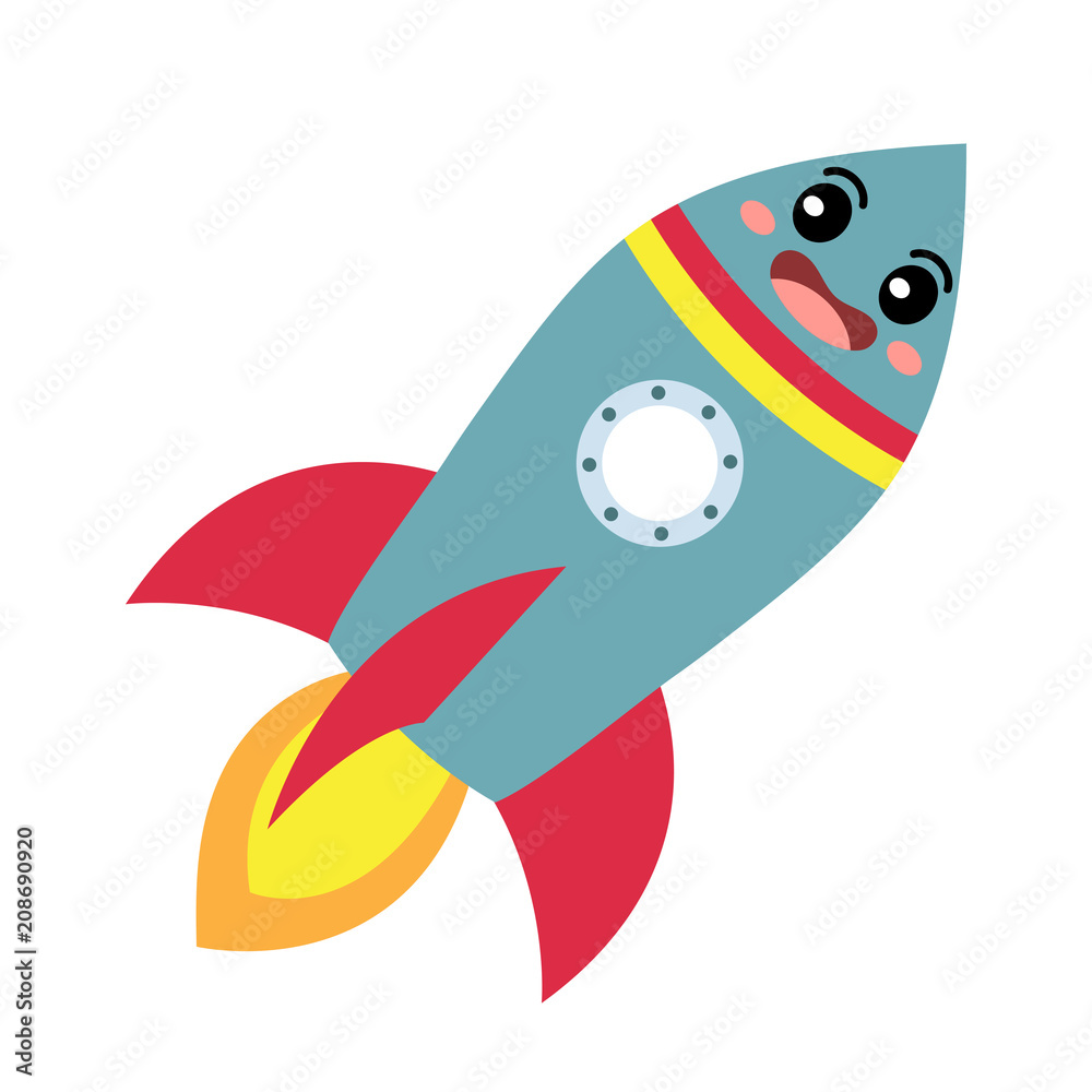 Rocket transportation cartoon character perspective view isolated on ...