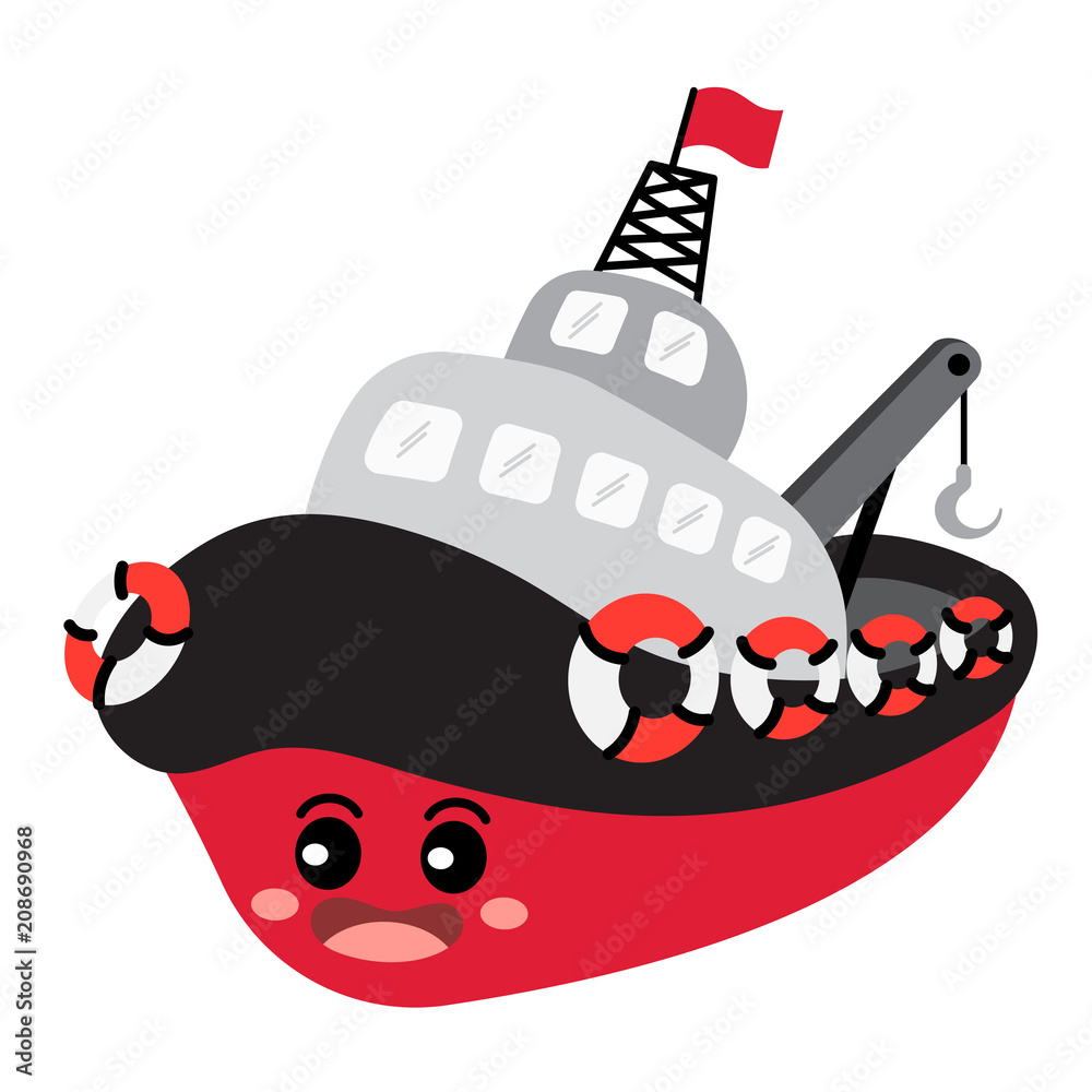 Tugboat transportation cartoon character perspective view isolated on ...