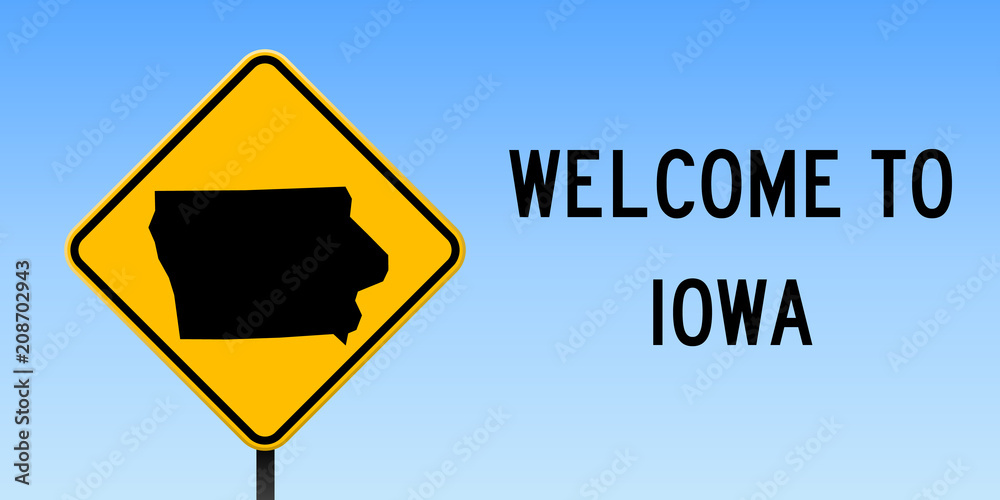Iowa map on road sign. Wide poster with Iowa us state map on yellow ...
