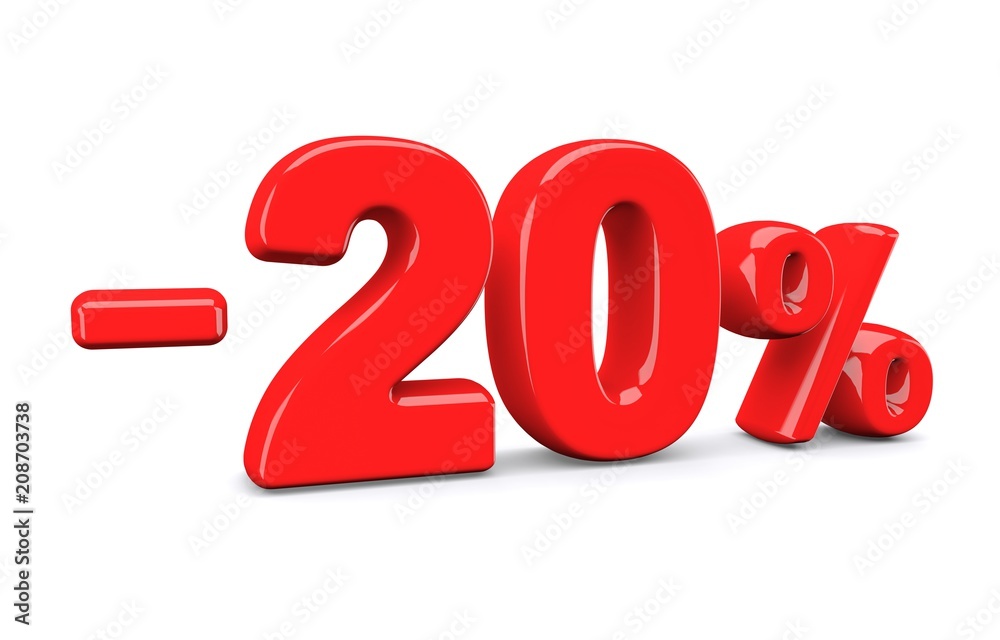 20 percent off discount sign. Red text is isolated on white. 3d render ...