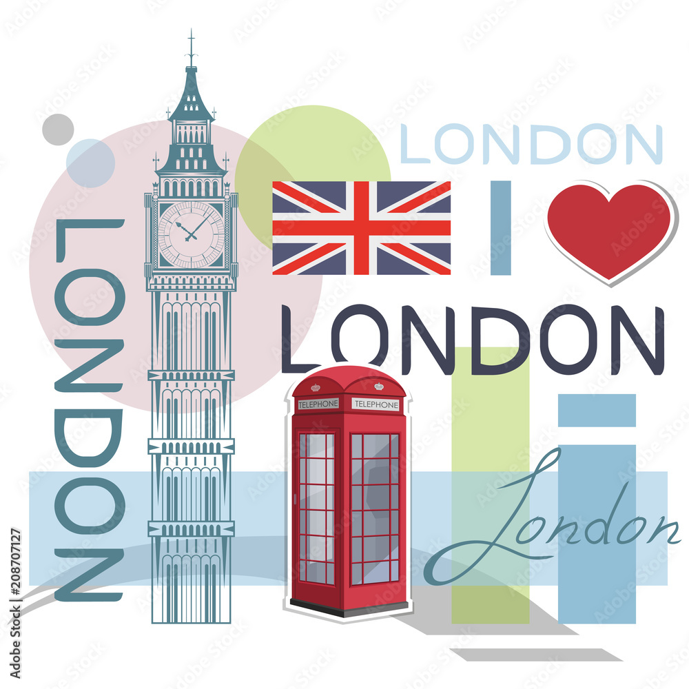 Set for design on London. Great Britain flag. Big Ben Tower. London ...