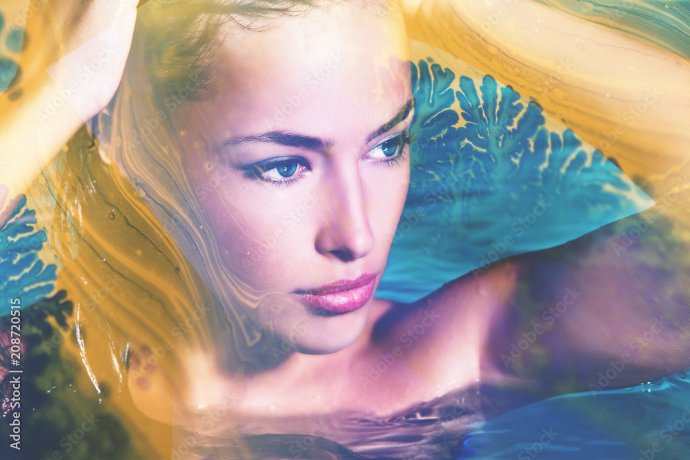 young woman in pool portrait creative double exposure Stock Photo ...