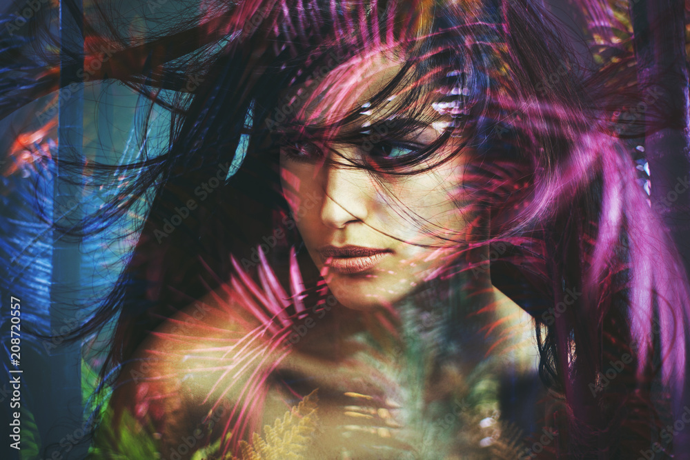 wild woman beauty portrait double exposure Stock Photo | Adobe Stock
