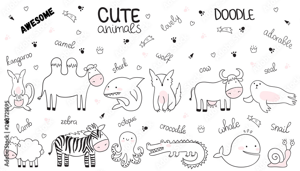 Vector cartoon sketch illustration with cute doodle animals Stock ... Vector cartoon sketch illustration with cute doodle animals Stock ...