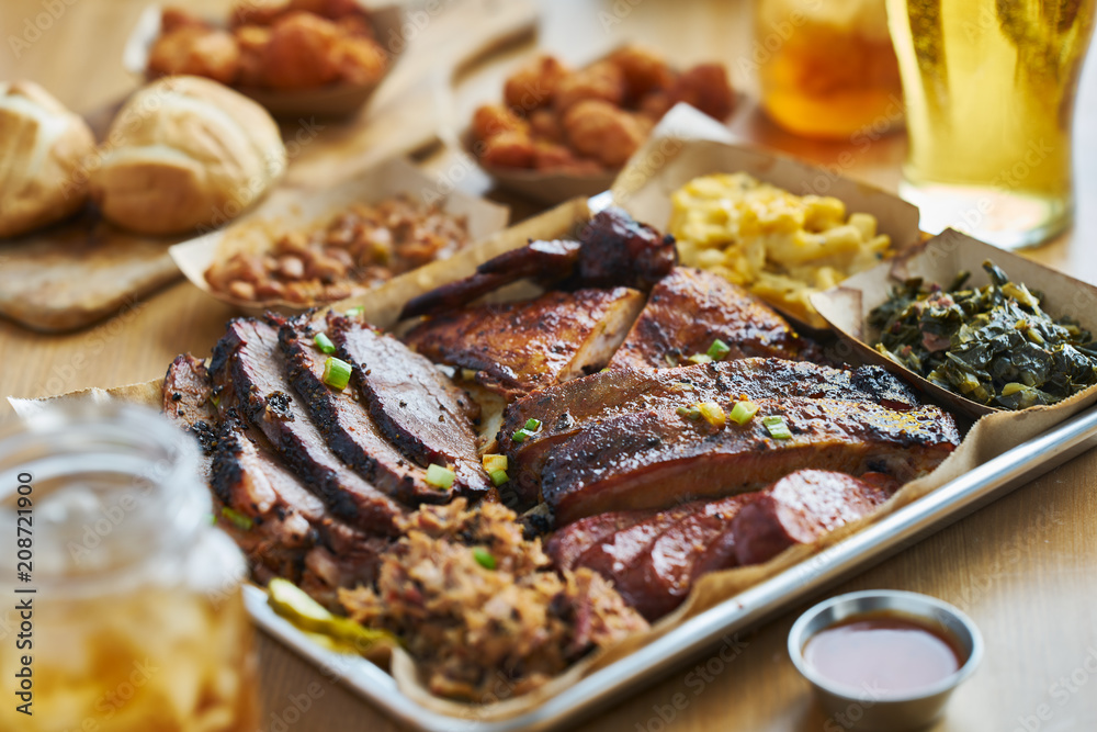 texas style bbq tray with smoked brisket, st louis ribs, pulled pork ...