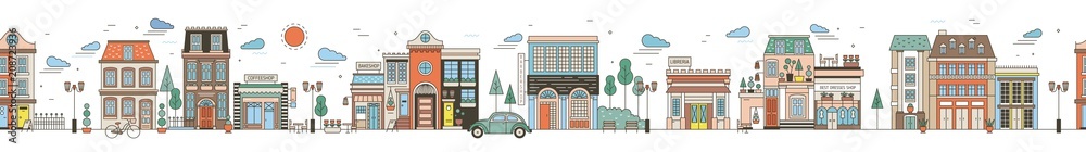 Seamless horizontal urban landscape with city street. Cityscape with ...