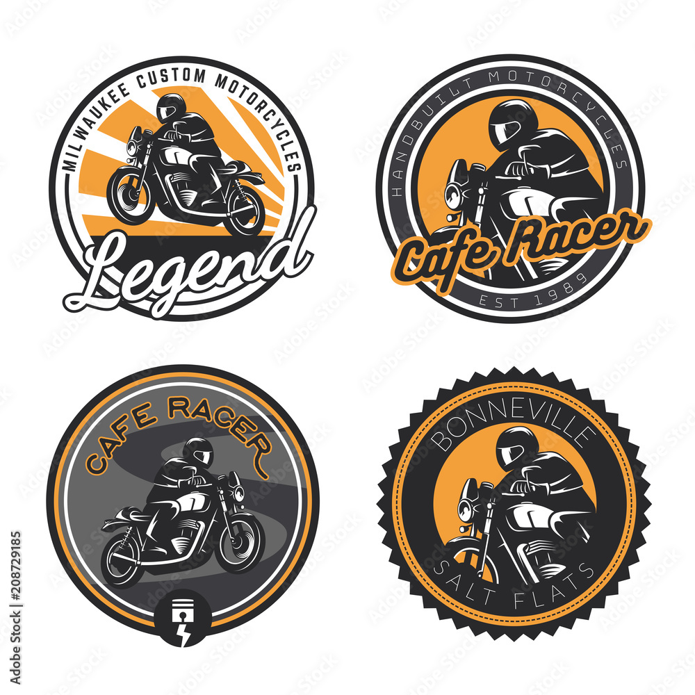 Set of retro motorcycle round emblems and badges isolated on white ...