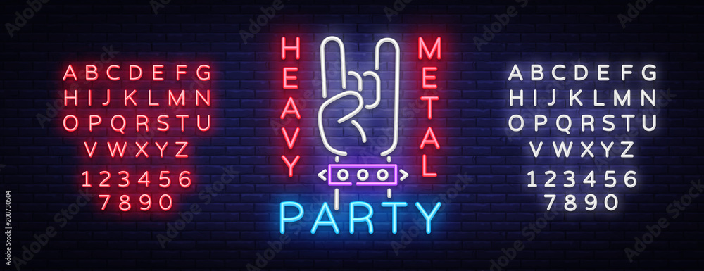 Heavy Metal Party Neon Sign Vector. Rock music logo, night neon ...
