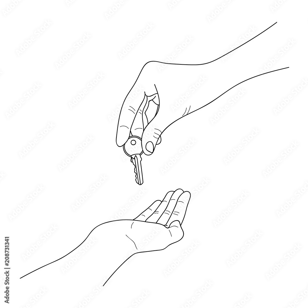 Hand giving a key. Handing over a key from one person to another ...