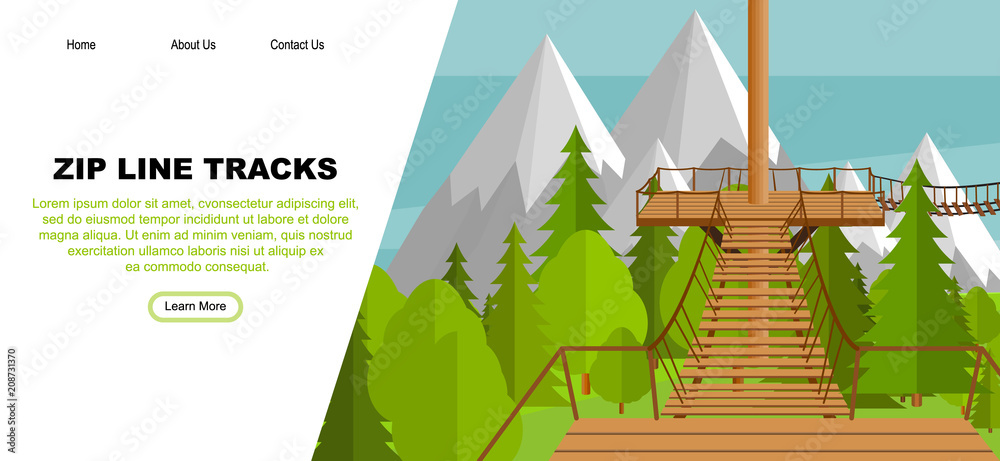 Zip Line aerial runway web banner concept, vector illustration. Flat ...