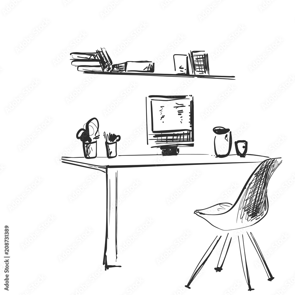 Table with a computer or workplace drawn by hand doodle style. Vector ...