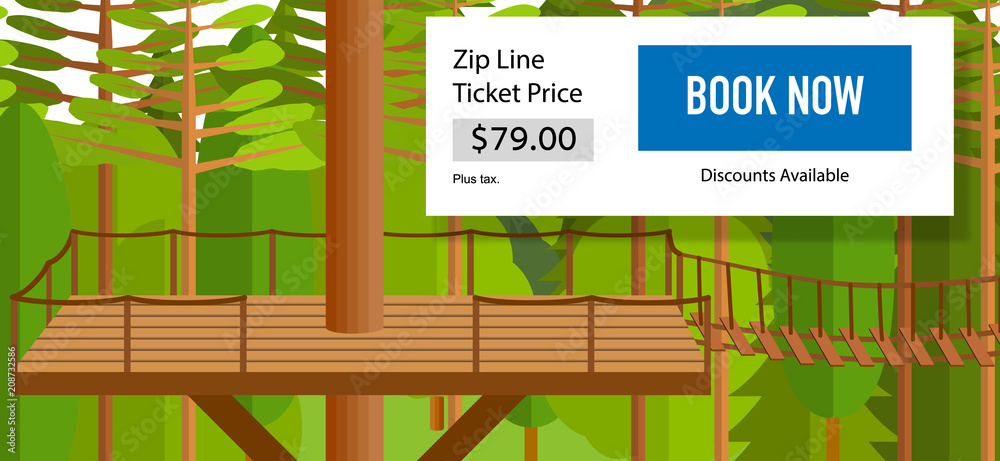 Zip Line aerial runway web banner with ticket price, vector ...