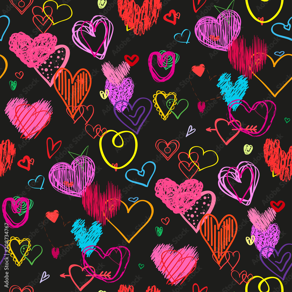 Colorful hearts on isolation black background. Seamless background with ...