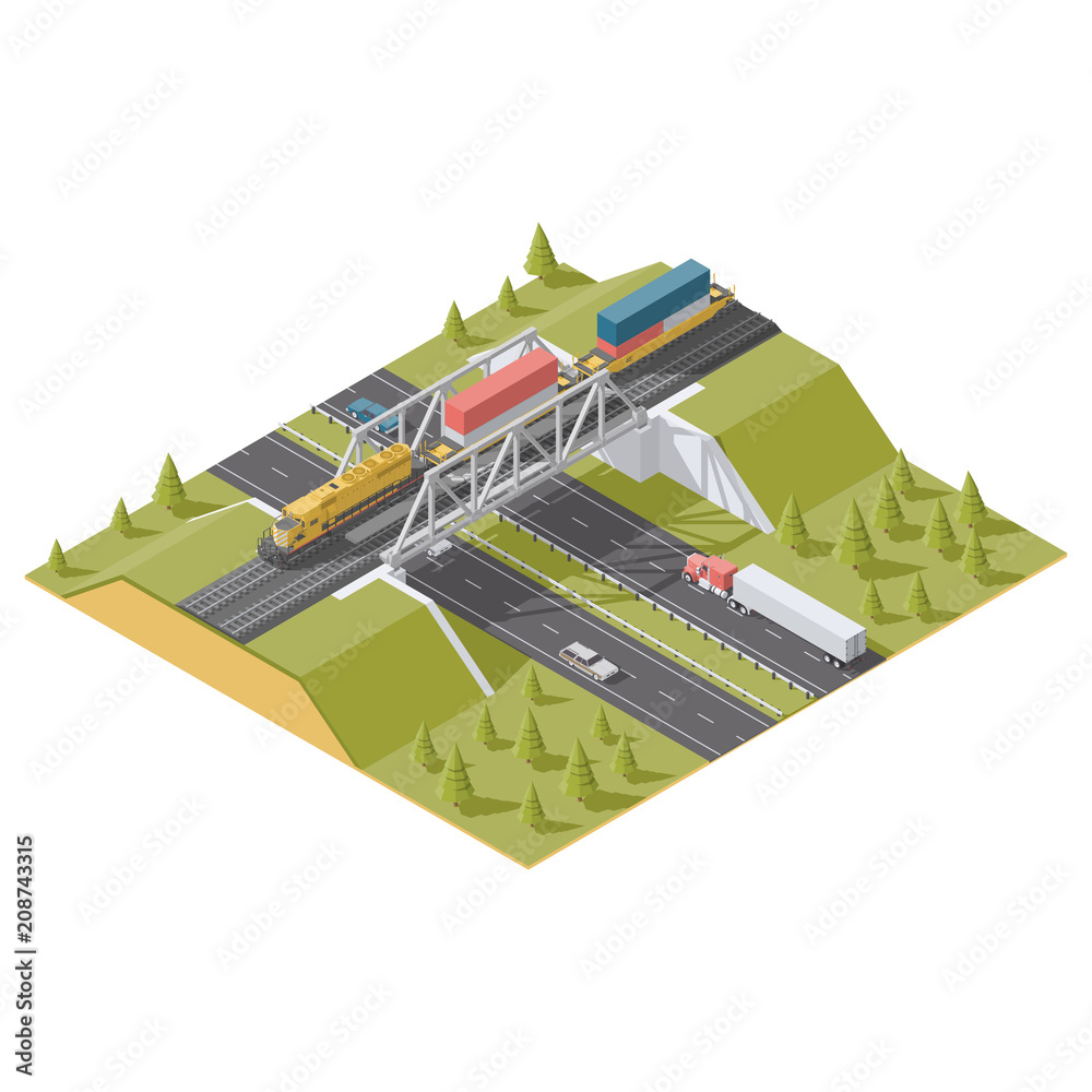 Representation Infographic Railway bridge over the highway isometric ...