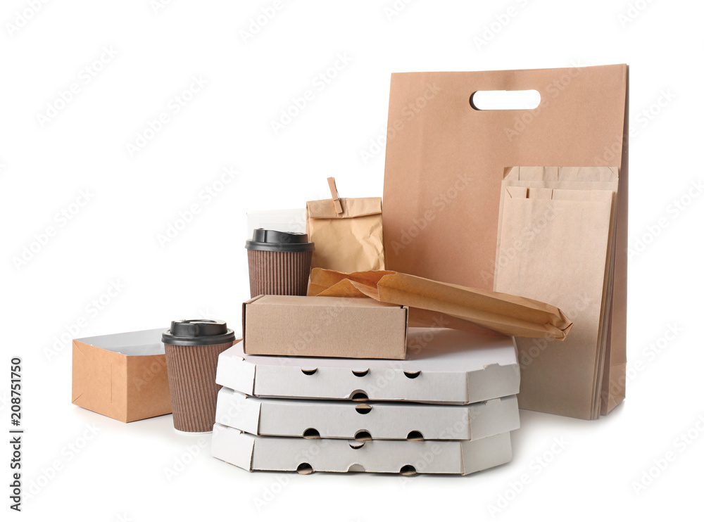 Different types of packages on white background. Food delivery service ...