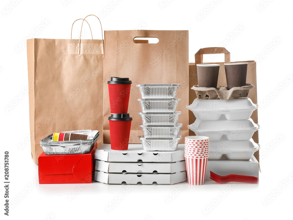 Different types of packages on white background. Food delivery service ...
