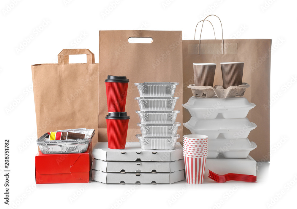Different types of packages on white background. Food delivery service ...