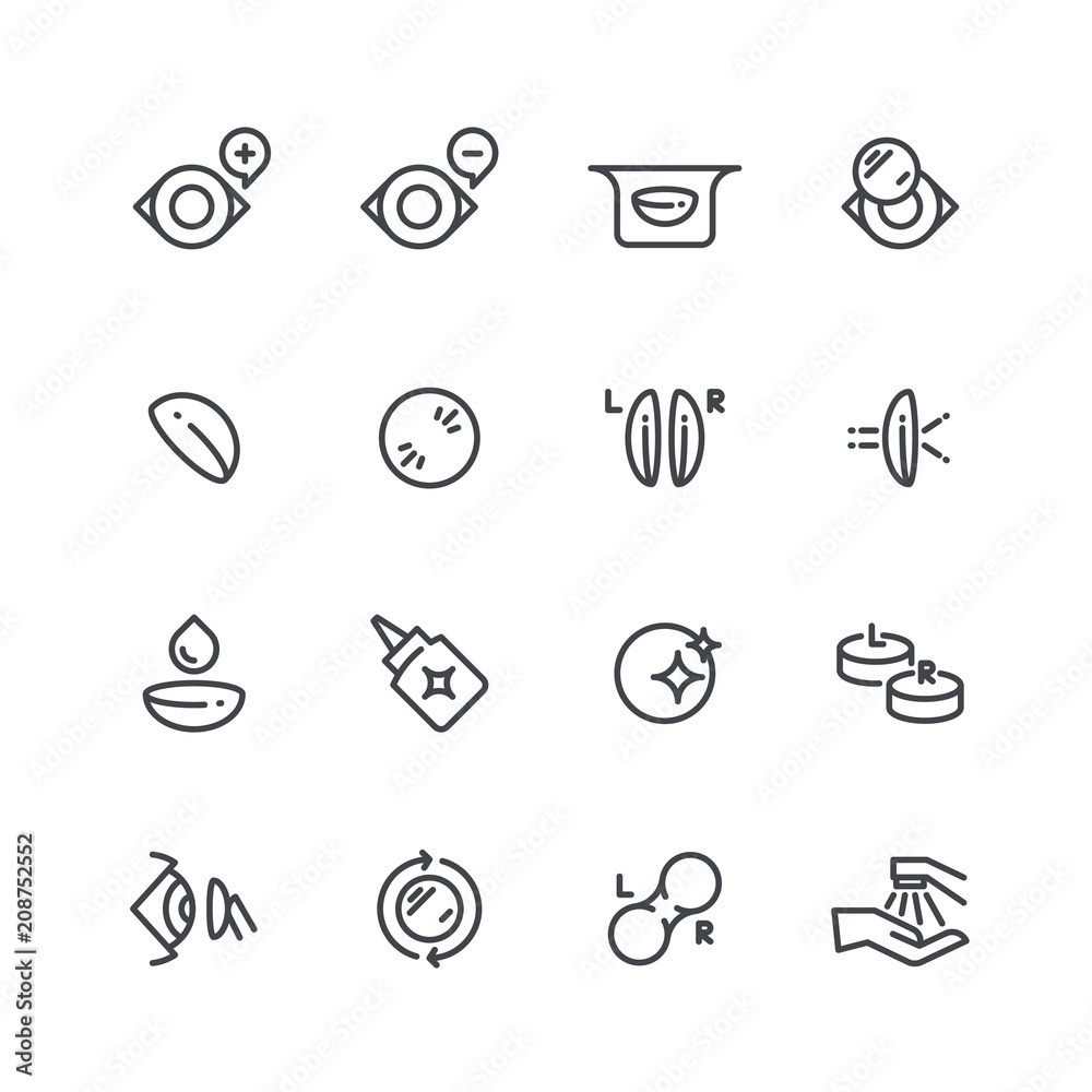 Eye optical lens icons. Human eyesight correction and optometrist ...