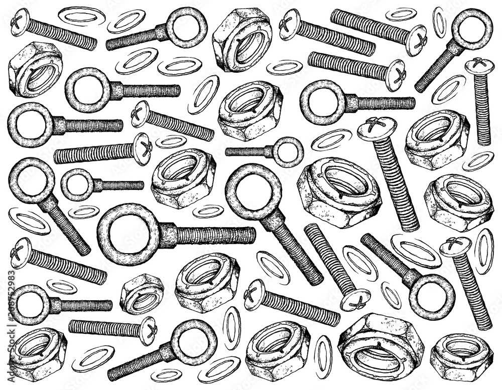 Hand Drawn Sketch Background of Screws and Nuts Stock Illustration ...