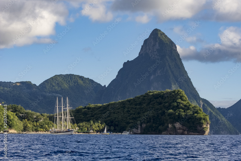 Sailing yacht at the Pitons, famous landmark of Saint Lucia Island ...