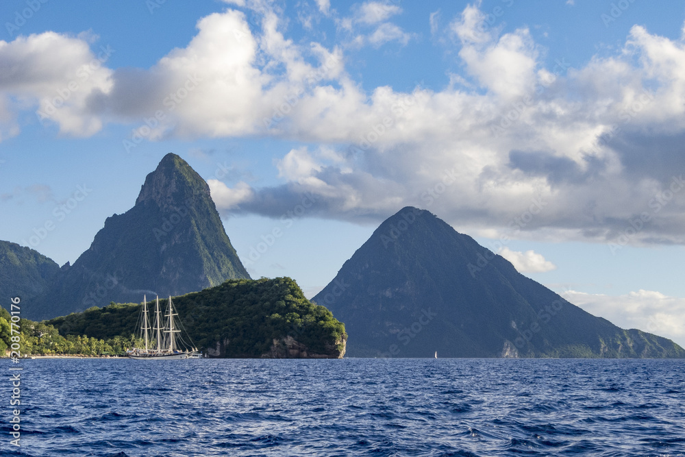 Sailing yacht at the Pitons, famous landmark of Saint Lucia Island ...