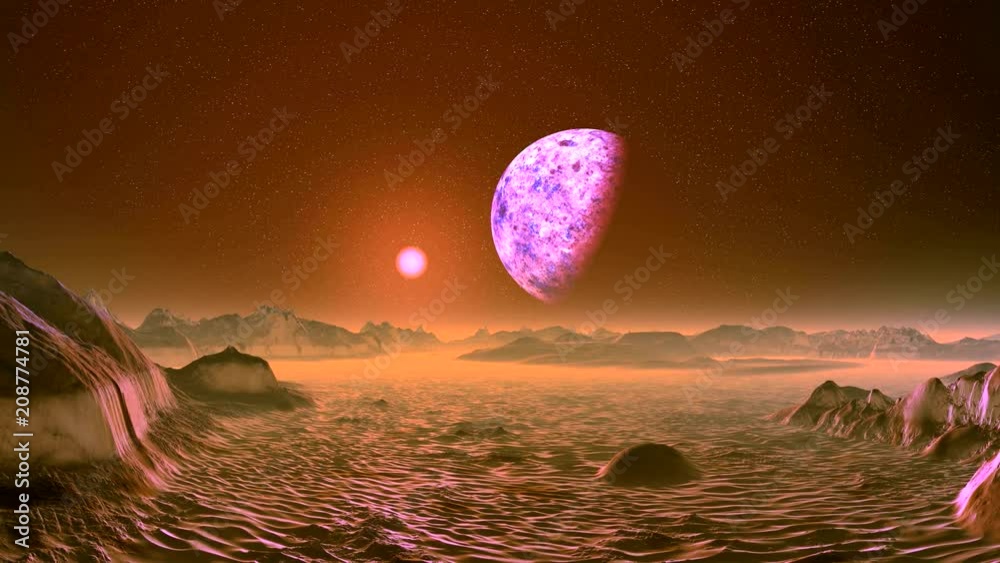 Pink Sunrise on Alien Planet. A large planet (moon) slowly rotates on a ...