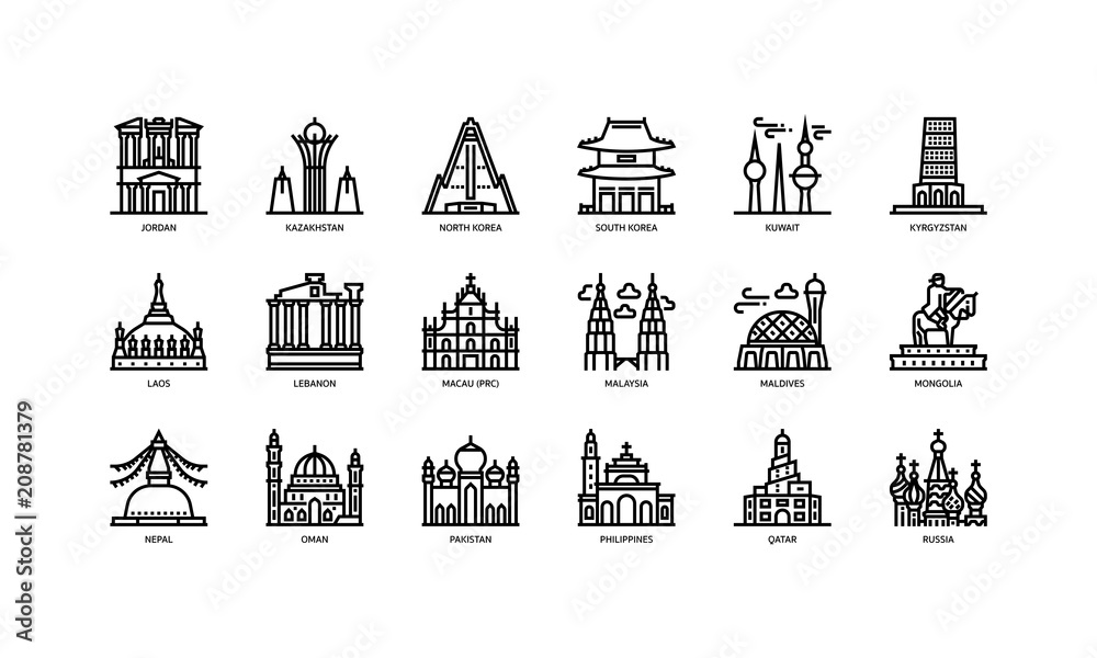 Asian cities landmarks icons set 2 Stock Vector | Adobe Stock