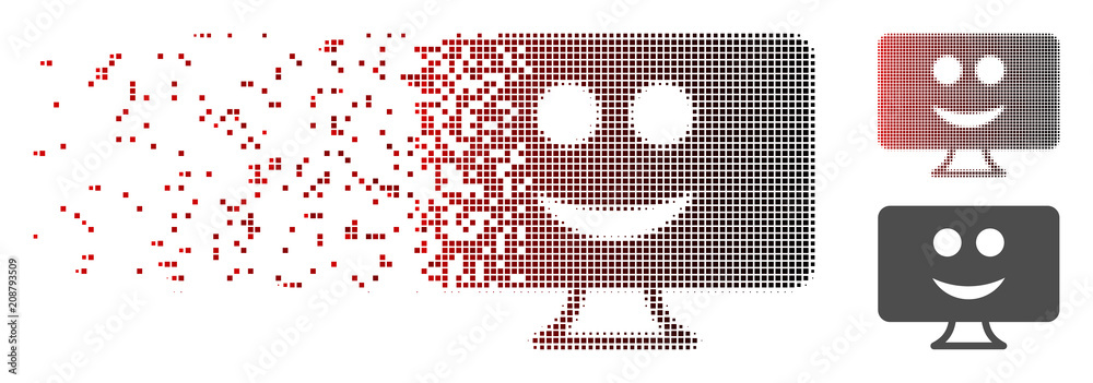 Vector display smile icon in sparkle, pixelated halftone with red to ...