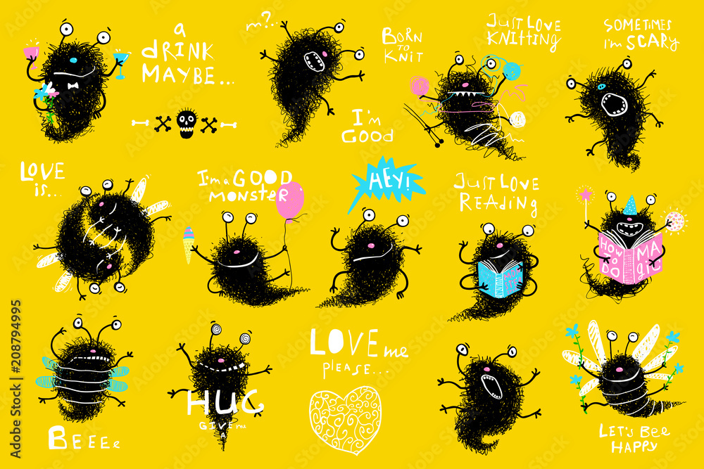 Collection of cute kids hand drawn monsters designer clip art. Vector ...