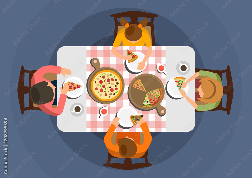 Top view. Cartoon people are sitting at table Stock Vector | Adobe Stock