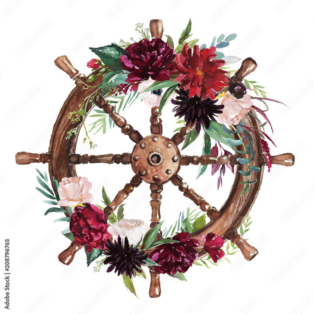 Watercolor hand drawn nautical / marine / floral illustration with ...