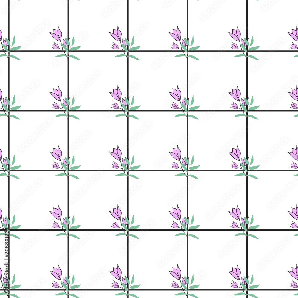 Seamless grid with spring flowers, leafs. Mesh pattern, graph paper ...
