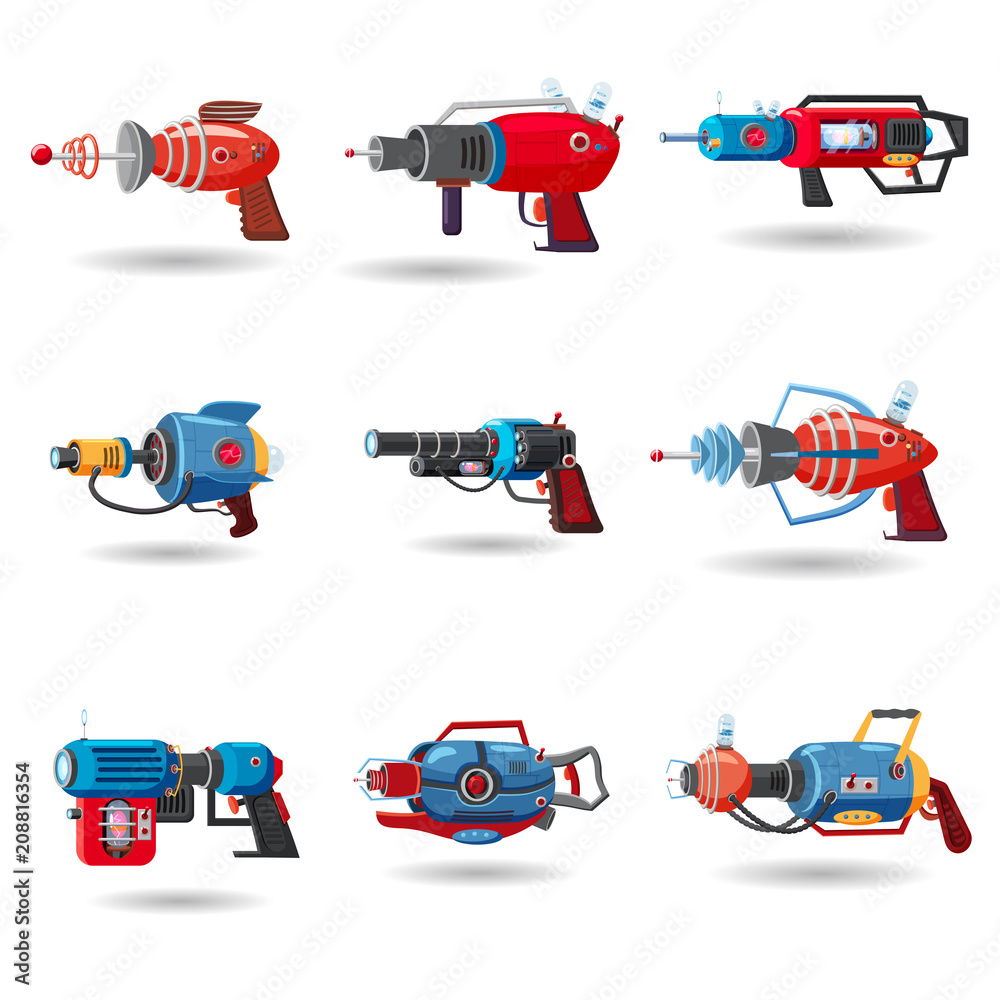 Set cartoon retro space blaster, ray gun, laser weapon. Vector ...