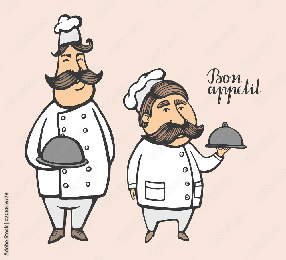 Hand drawn vector illustration of chief-cooker with a mustache in a ...