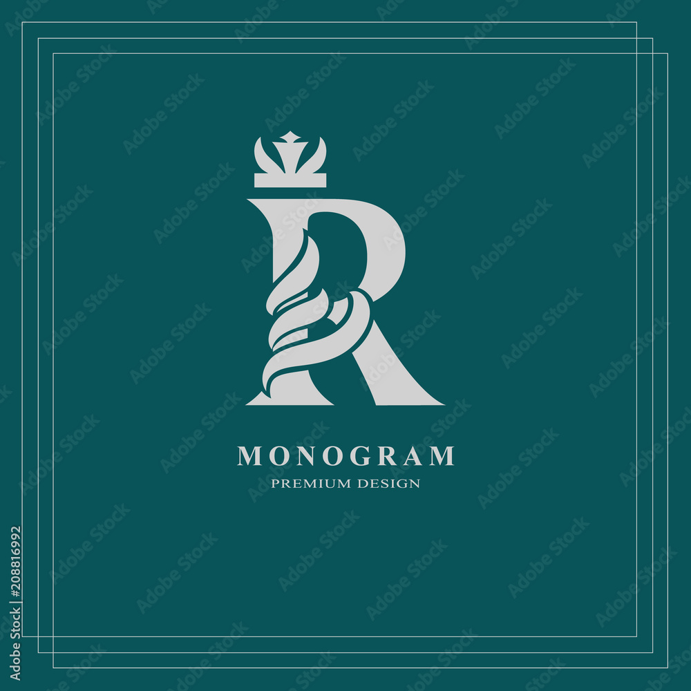Elegant letter R with crown. Graceful royal style. Calligraphic ...