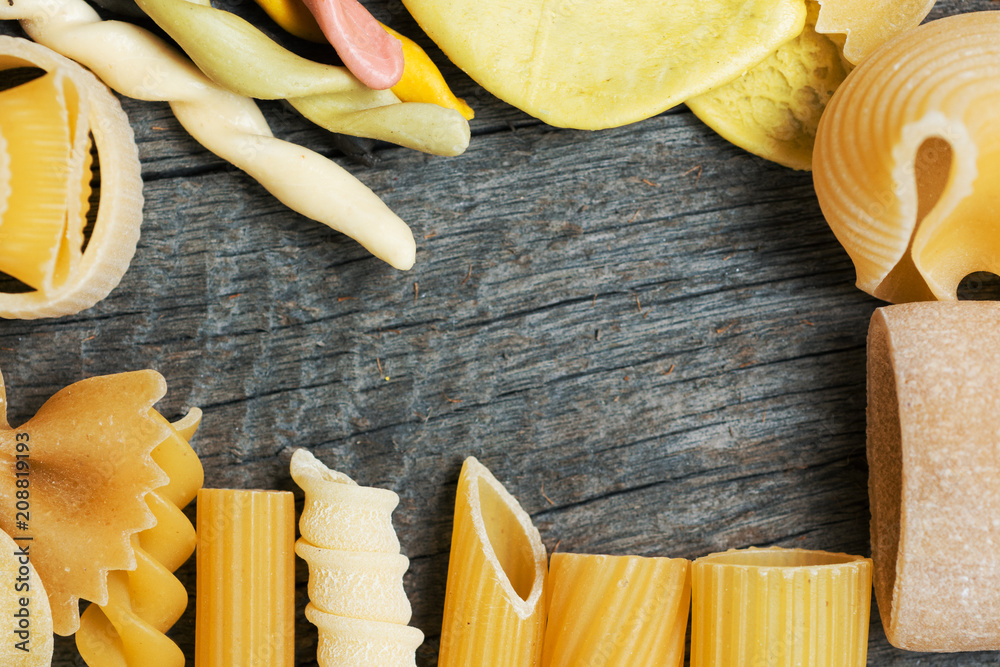 composition of raw Italian pasta Different shapes In decorative buckets ...