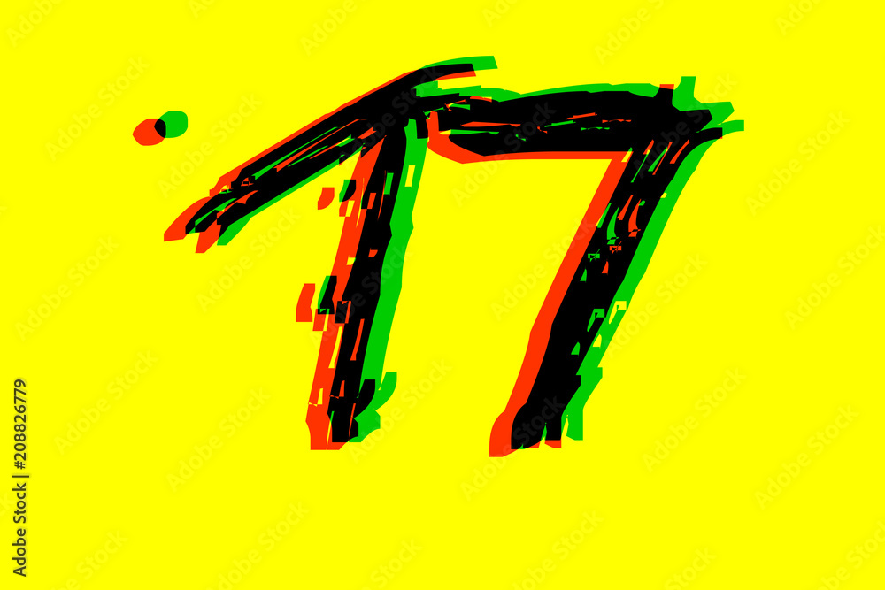 Handwritten 17 - Number seventeen in black,red,green on yellow ...