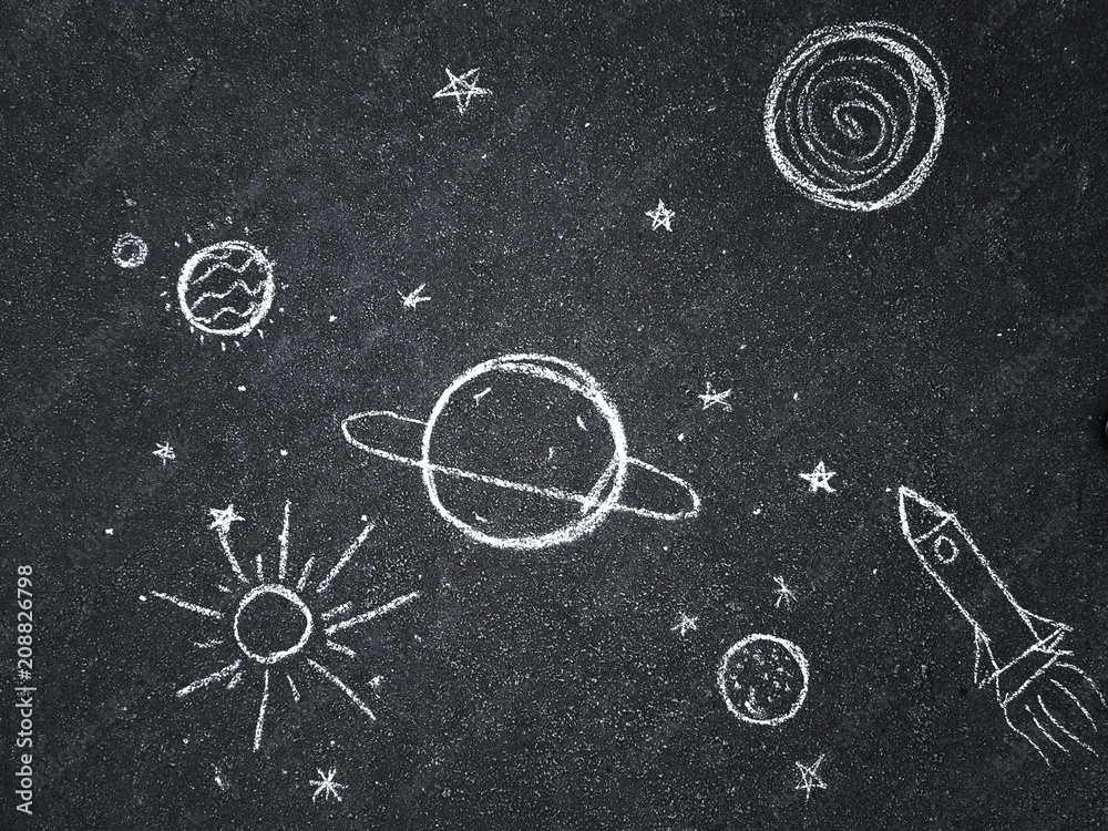 Chalk drawing. Space, planets and stars painted by children's. Stock ...