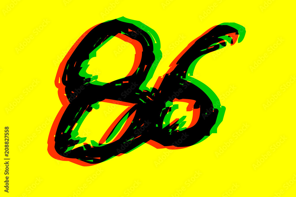 Handwritten 86 - Number eighty-six in black,red,green on yellow ...