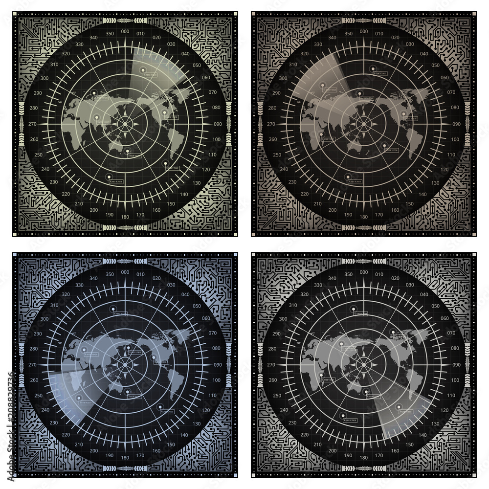 Collection of radar screens with world map, aims and circuit board ...