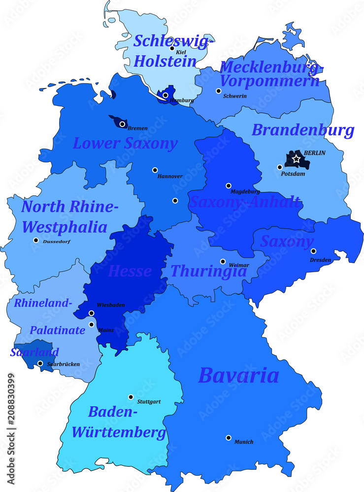 Map of germany on a white background with borders of lands and capitals ...