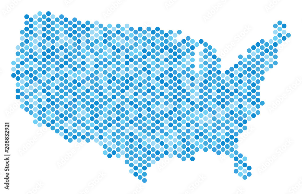 Blue dotted USA map. Vector geographic map in blue color tinges on a ...