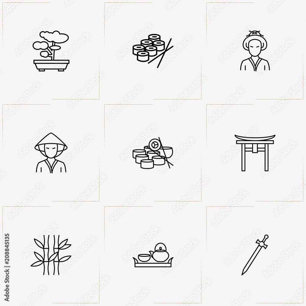 Japan line icon set with japanese women , japanese hat and tea ceremony ...