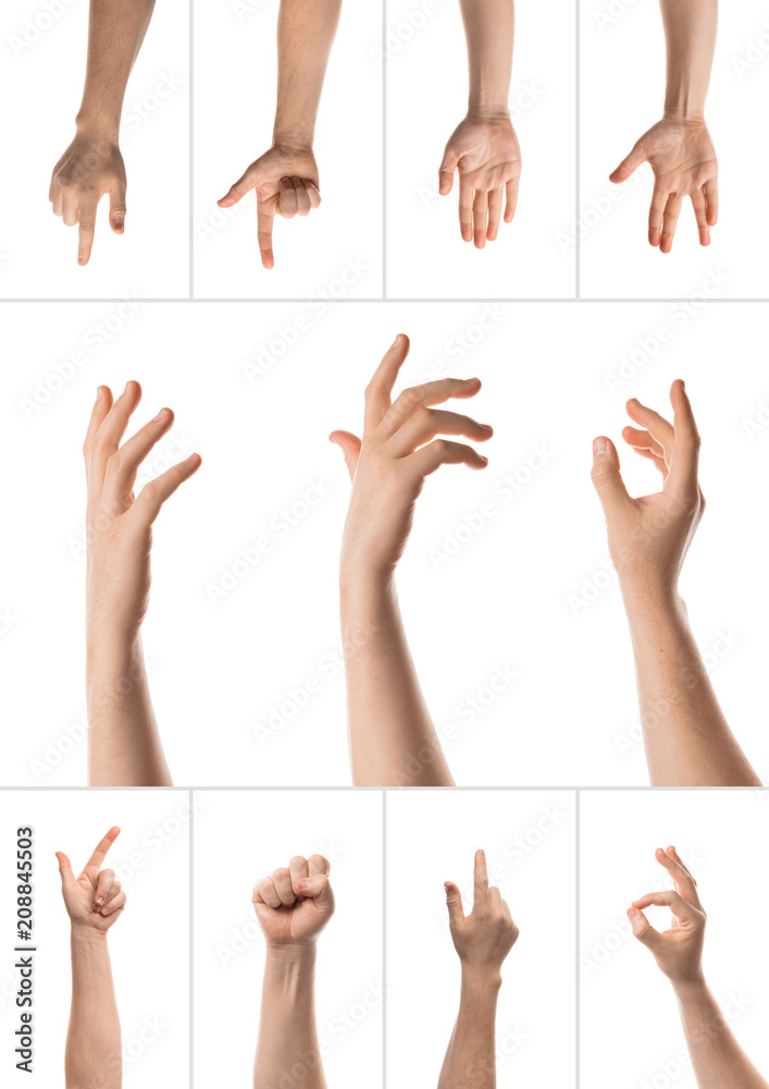 Man hand with the various gesture, open hand, pointing finger, hitting ...