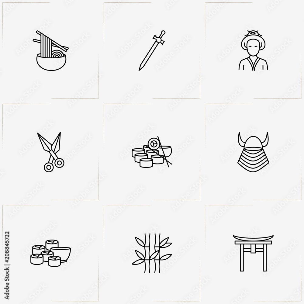 Japan line icon set with sword , japanese warrior helmet and ninja ...