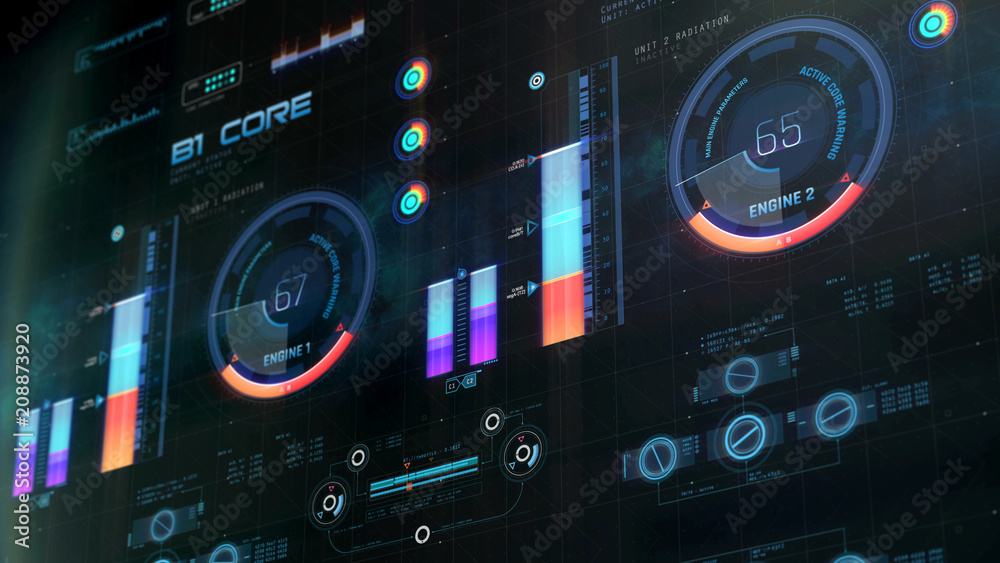Spacecraft engine information on screen, pilot reading data in control ...