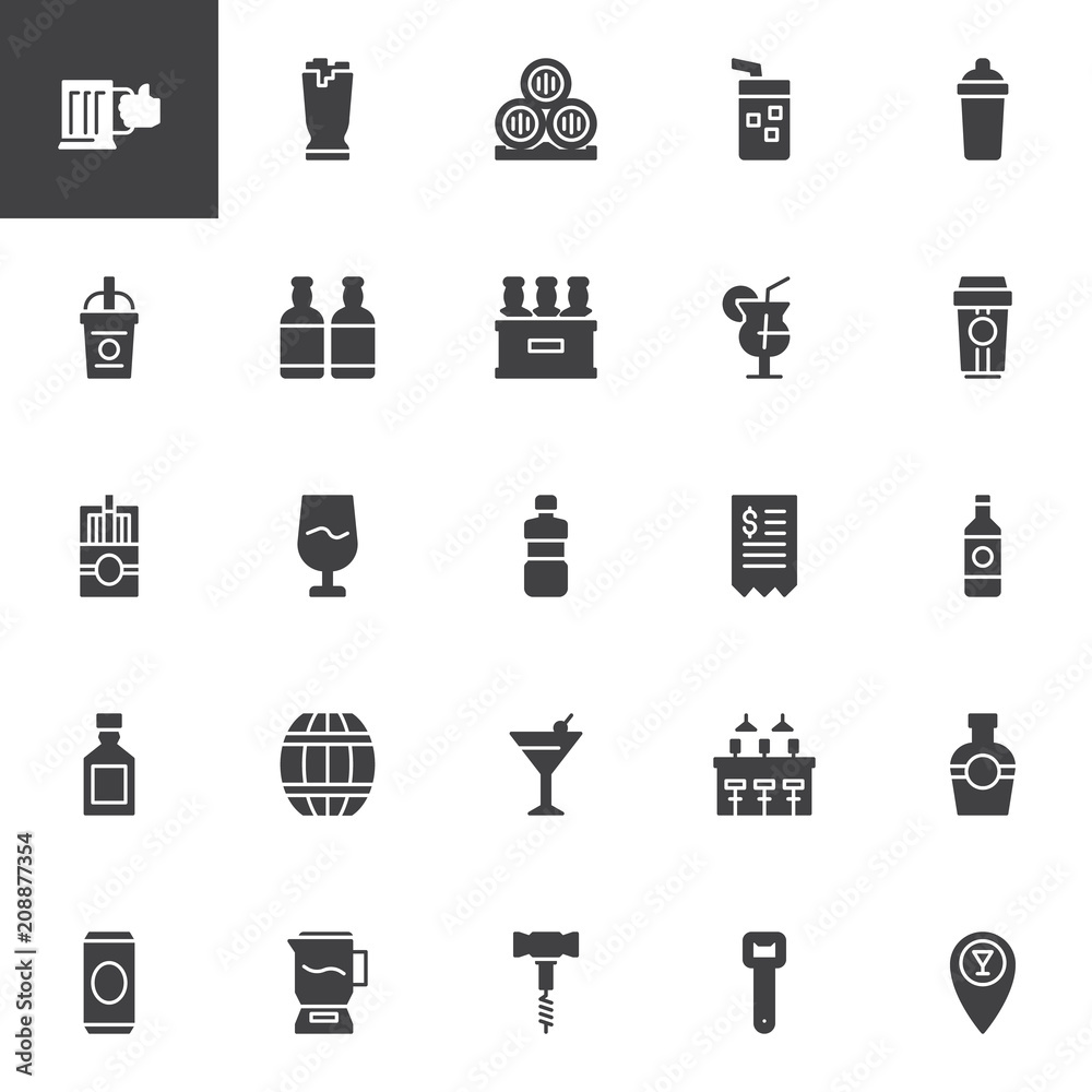 Bar beverages vector icons set, modern solid symbol collection filled ...