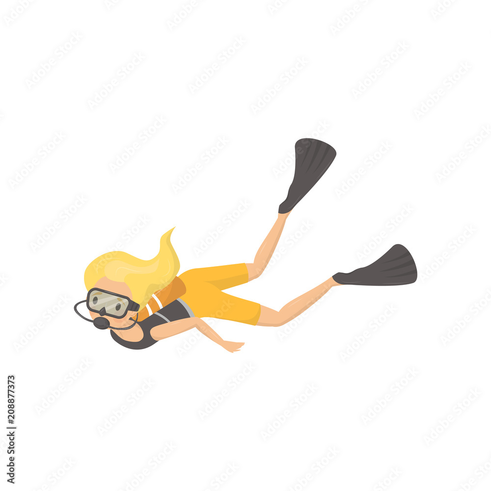Young blond girl engaged in scuba diving. Cartoon female character in ...