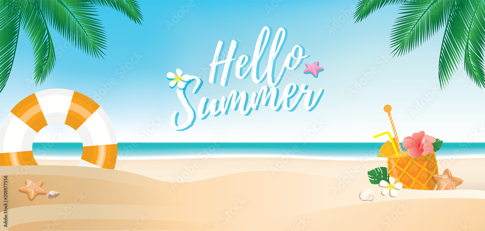Beach banner background with hello summer text Stock Vector | Adobe Stock