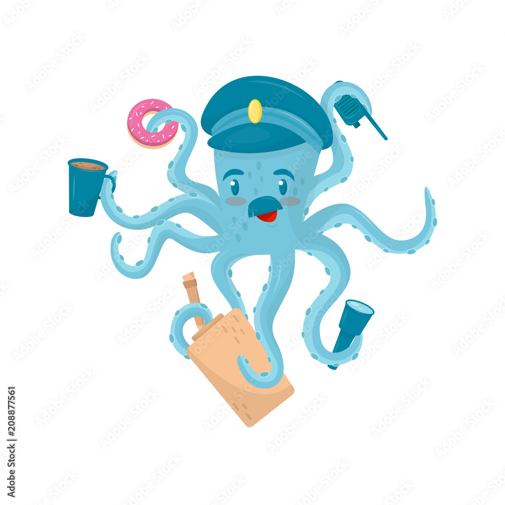 Funny blue octopus with mustache in policeman s cap. Marine animal ...